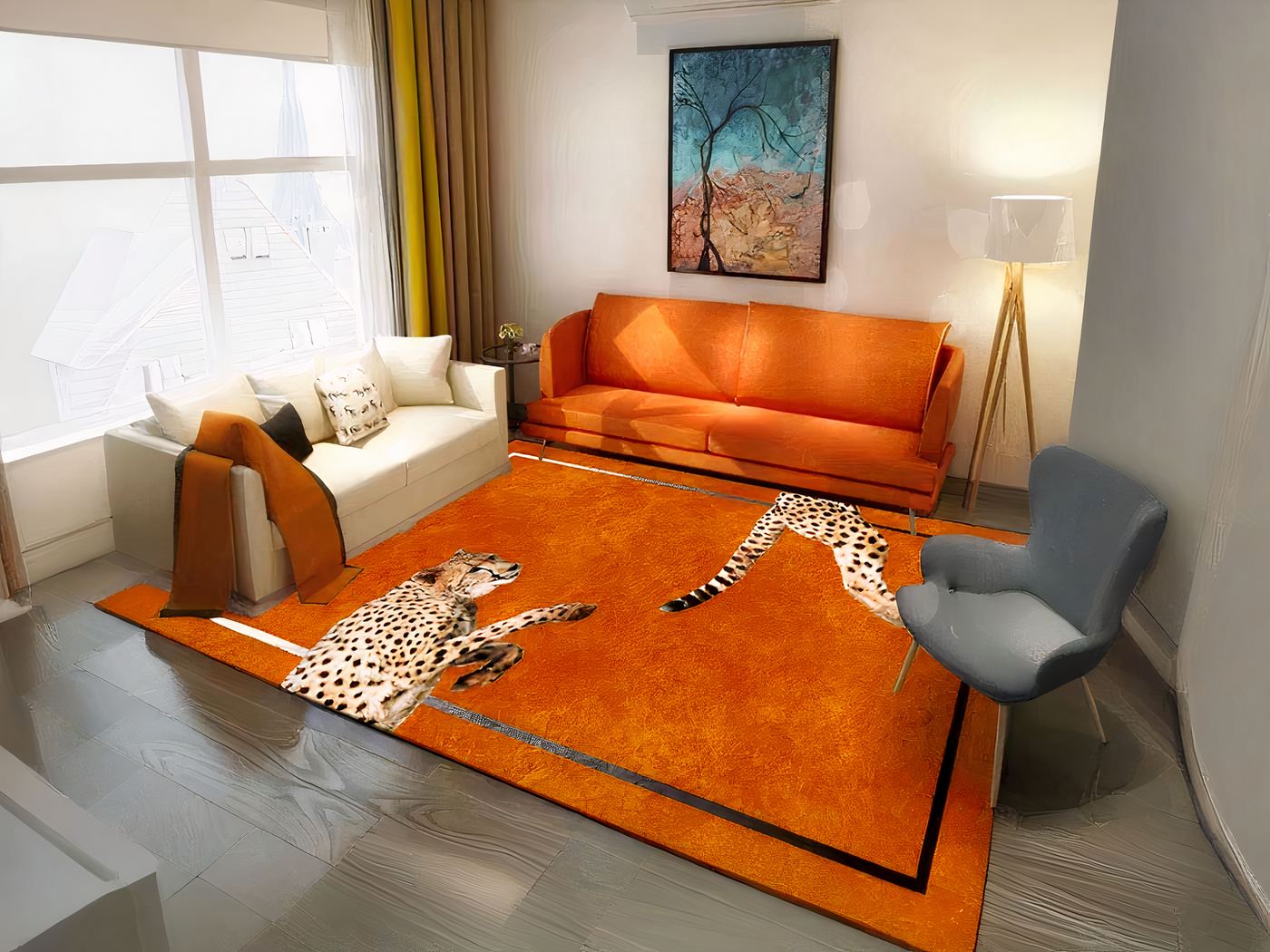 Tapis léopard luxueux fond orange • Tapis Modernes
